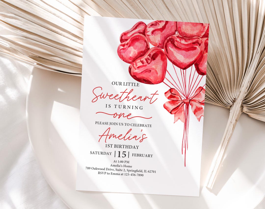 First Birthday Invitation: Valentine's Heart Balloons - Editable ...