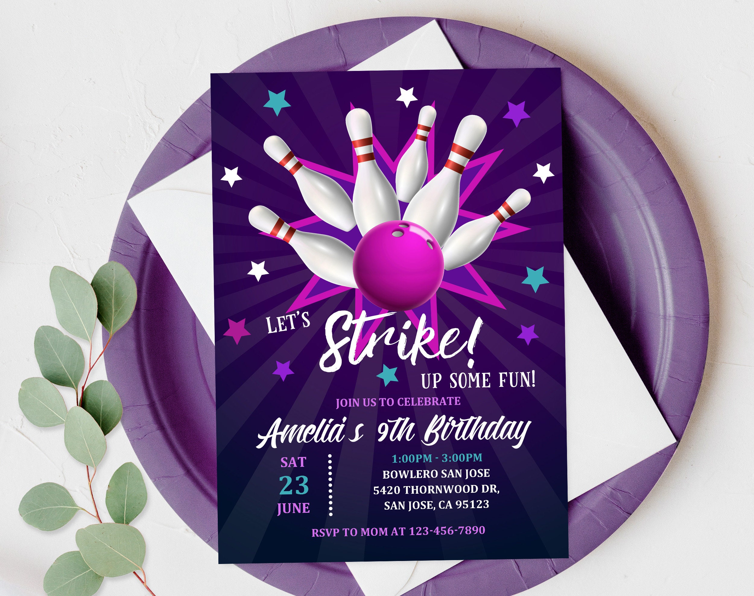 Bowling Birthday Invitation Girl Bowling Invite Bowl Party - Etsy