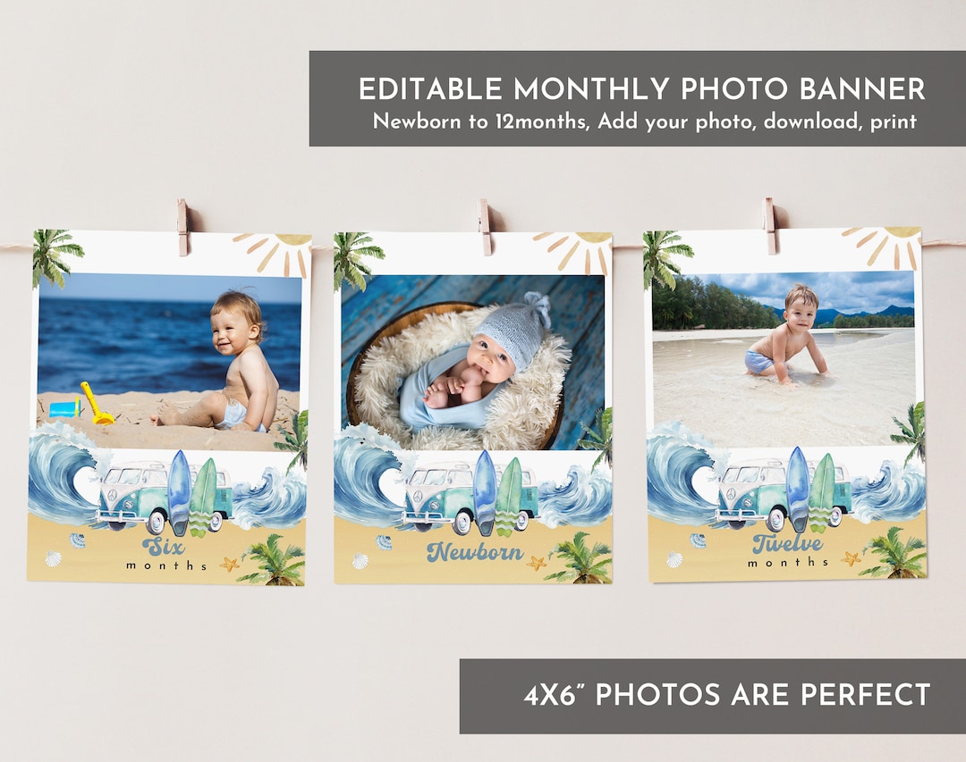 Editable Surfing Birthday Monthly Photo Banner Surf Milestone Banner ...