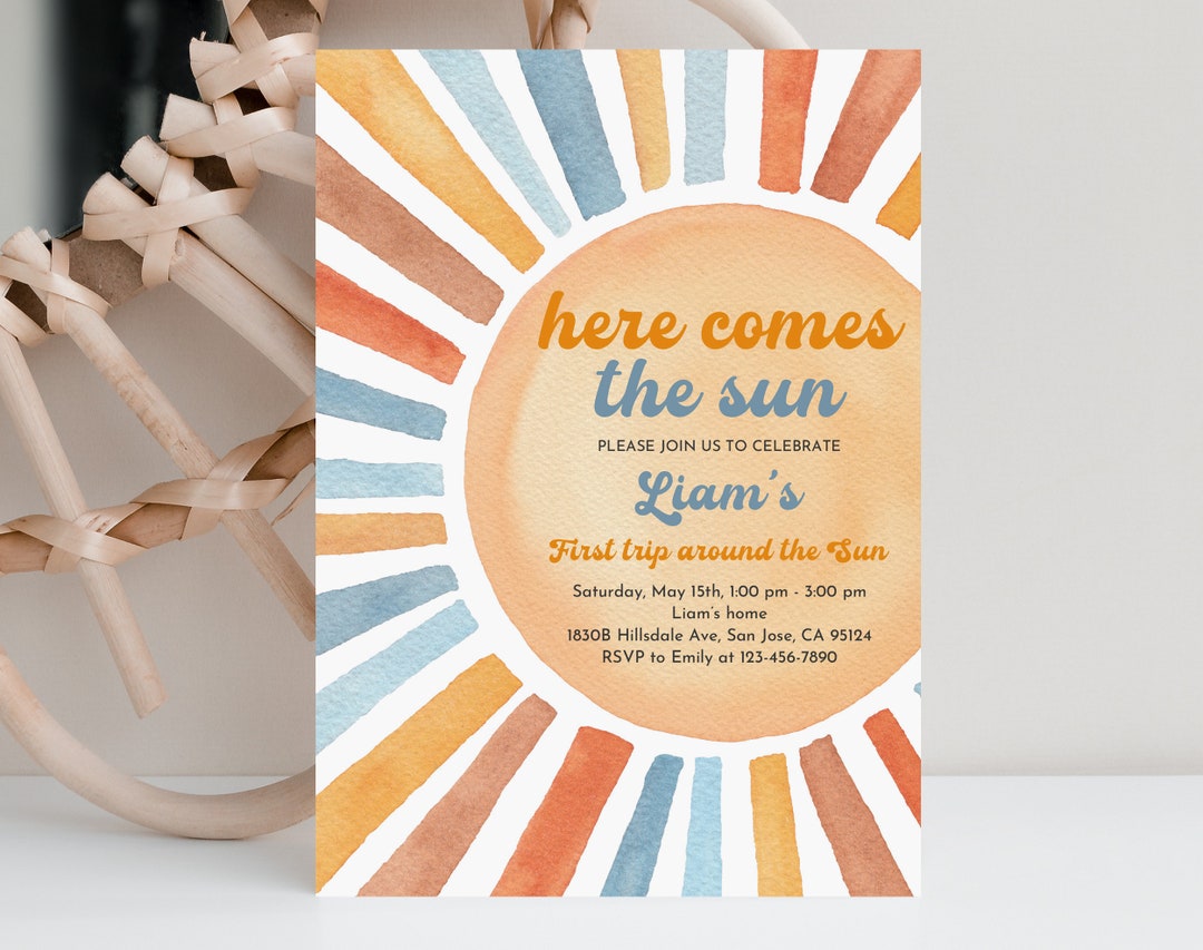 Retro Sun Birthday Invitation Here Come the Sun 1st Invite Retro Boy ...