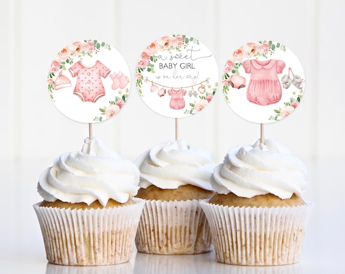 Baby Cupcake Topper, Pink Rose Personalize Baby Shower Cupcake Topper ...