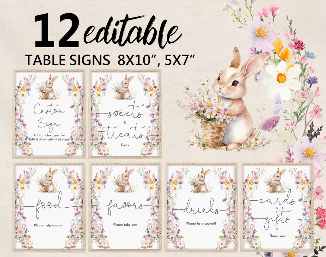 1st Birthday Table Signs: Bunny Theme - Editable Digital Download ...