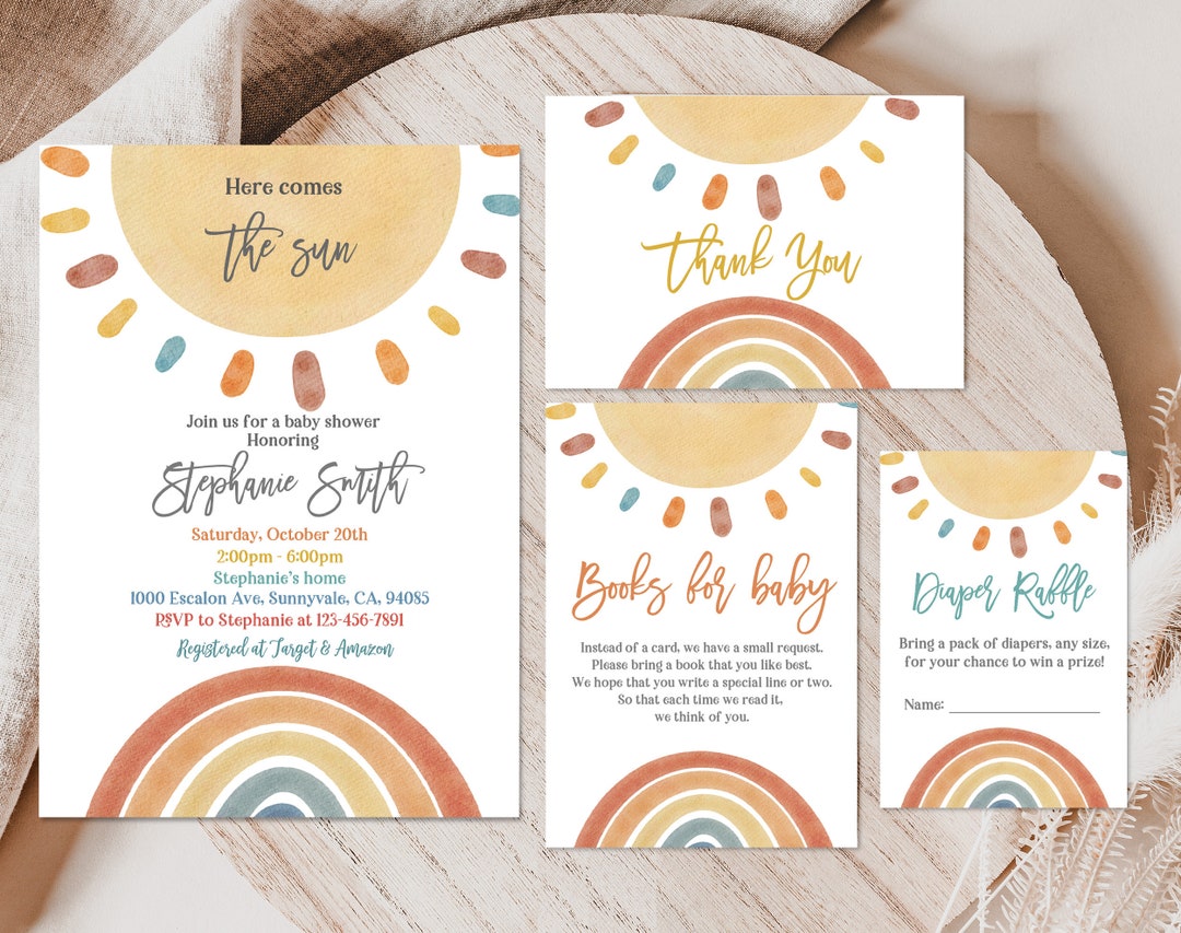 Boho Sunshine Rainbow Baby Shower Invitation Set Here Comes the Sun Editable Invite Suite Gender ...