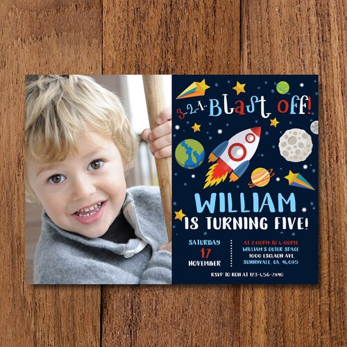 Outer Space Birthday Invitation Template With Photo Planets - Etsy