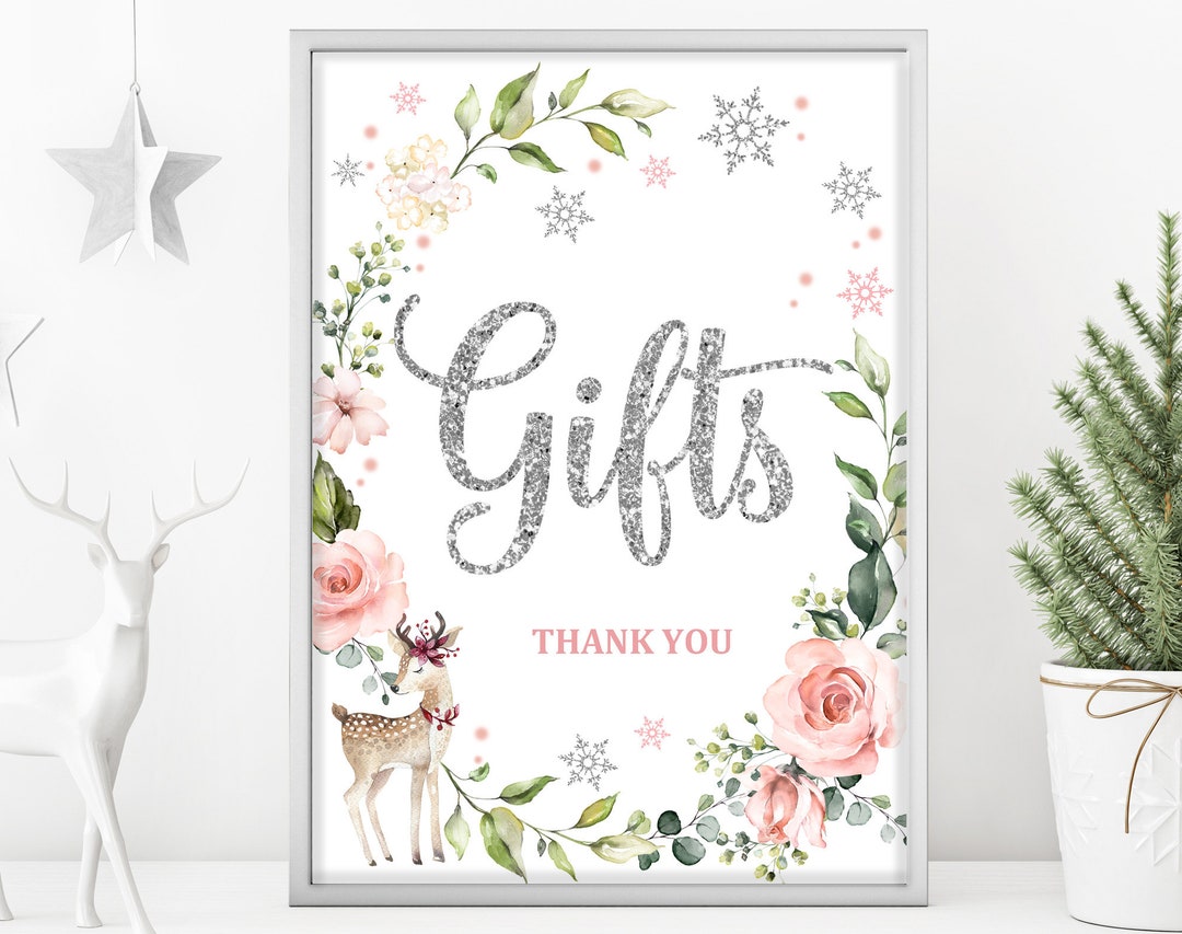 Winter Gift Sign Pink Floral Silver Snowflake Sign 5x7in, 8x10in ...