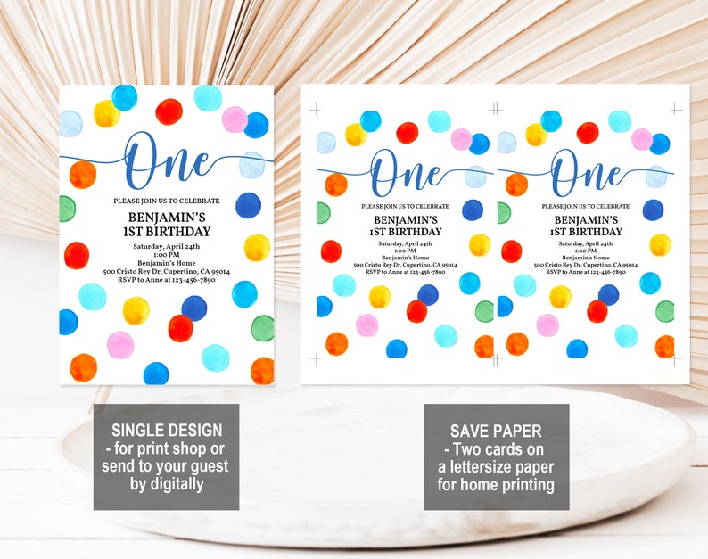 Rainbow Polka Dot Birthday Invitation Watercolor Spots - Etsy