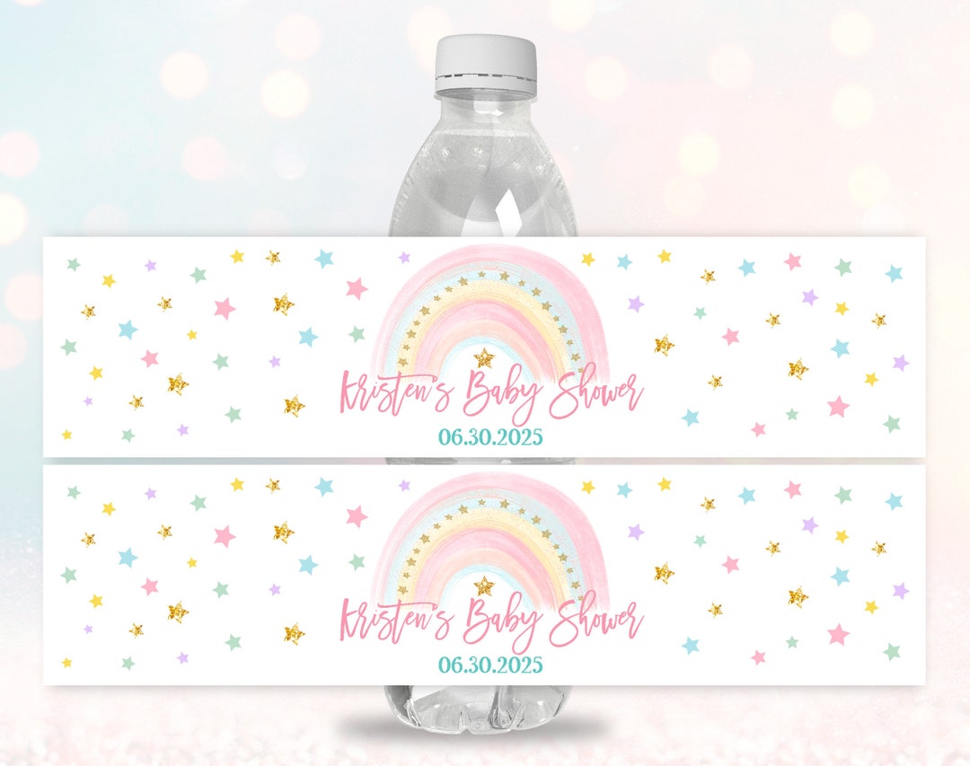 Rainbow Baby Shower Water Bottle Label Pastel Rainbow Water Bottle ...