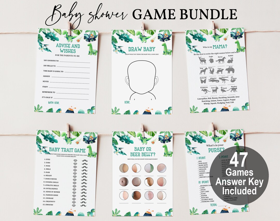 Dinosaur Baby Shower Game Bundle Dino Party Activity Set Boy Baby ...