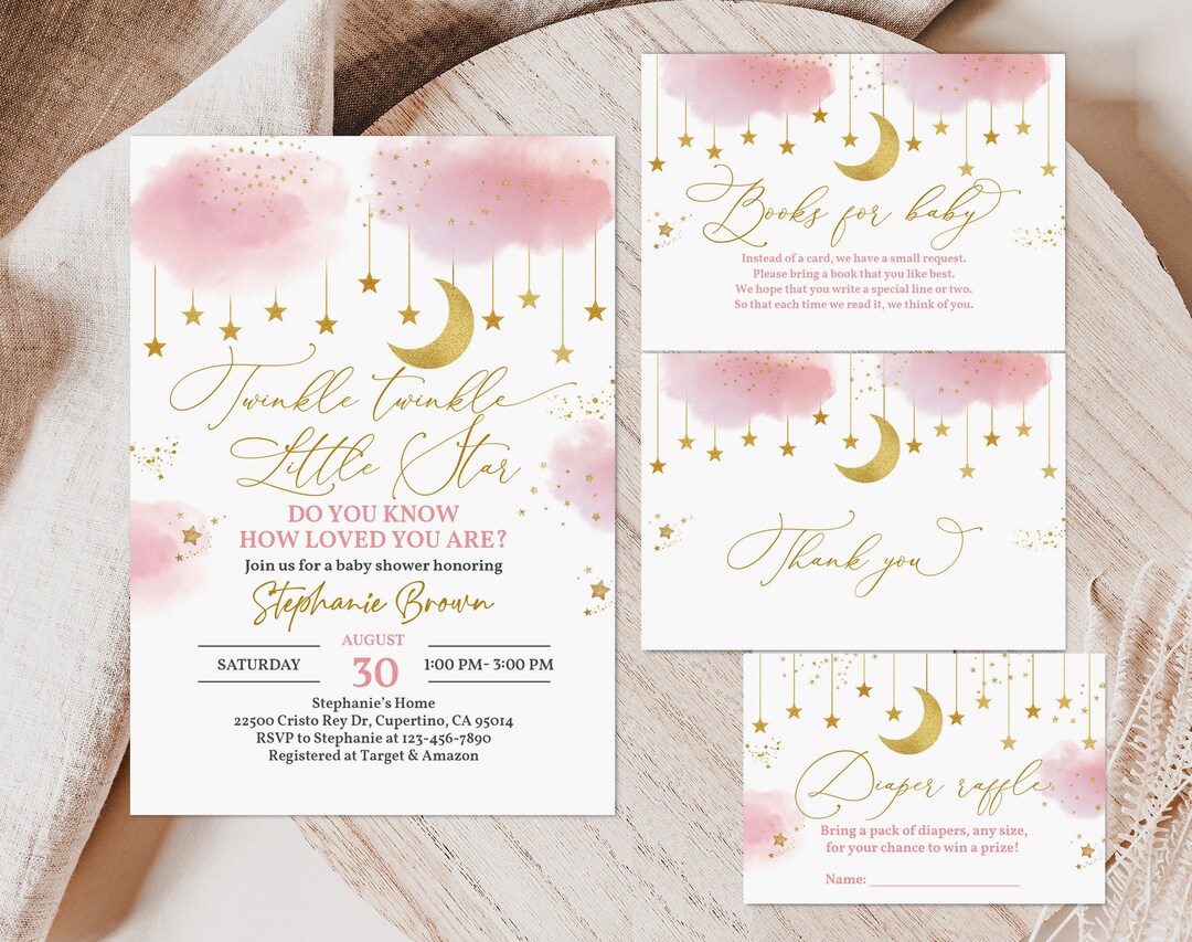 Twinkle Twinkle Little Star Baby Shower Invitation Set Gold Star Pink ...