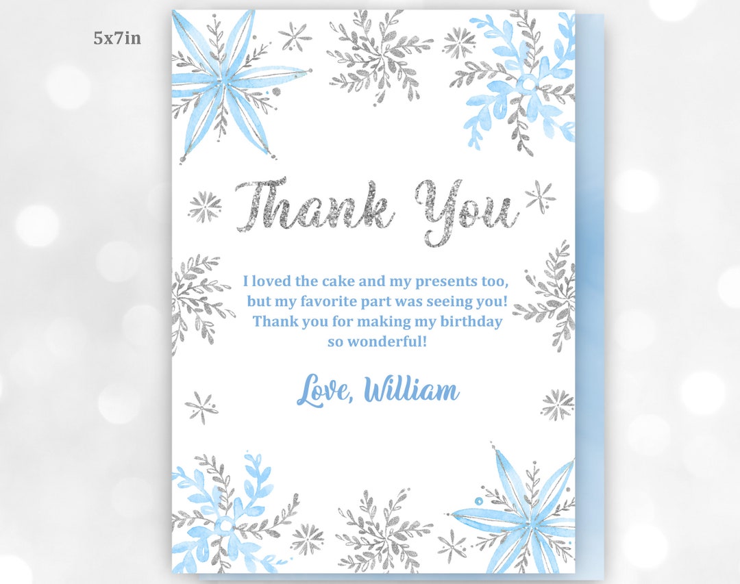 Snowflake Thank You Card Winter Birthday Thank You Card, 5x7in, 4x6in ...