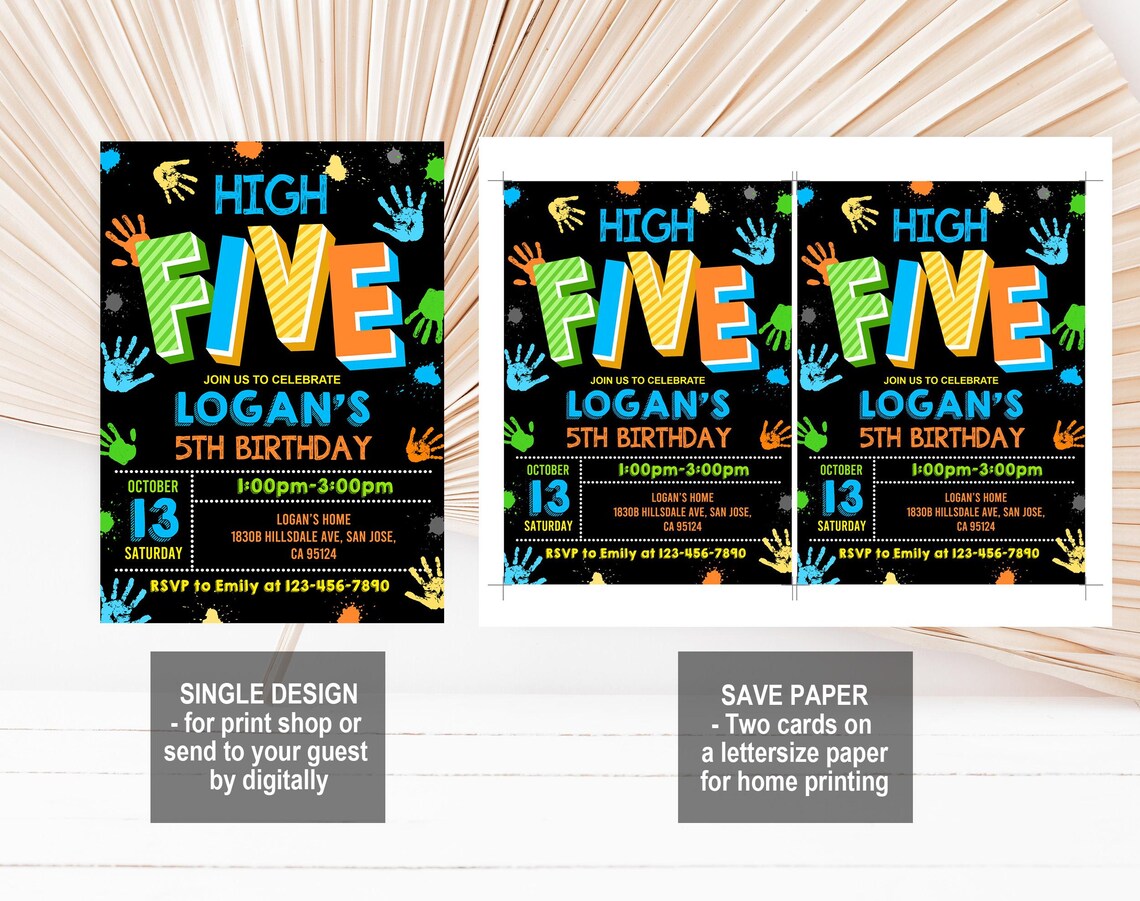 5th Birthday Invitation: High Five Theme - Editable Canva Bir539 - Etsy