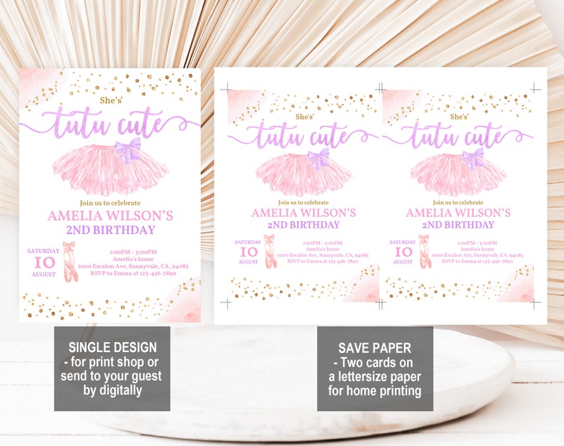 Tutu Birthday Invitation Ballerina Invite Pink Purple Gold 2nd - Etsy