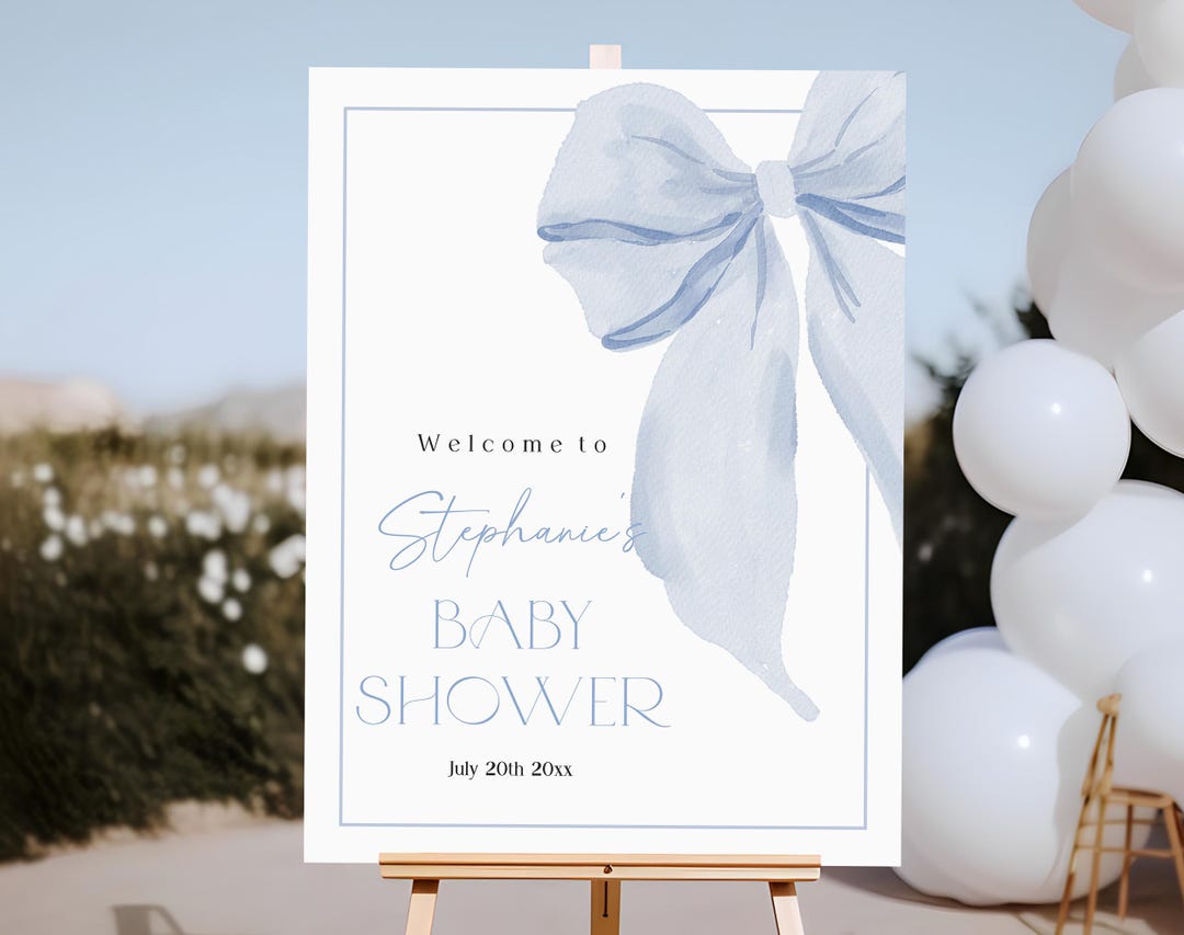 Blue Bow Baby Shower Welcome Sign Editable Blue Watercolor Ribbon Patel ...