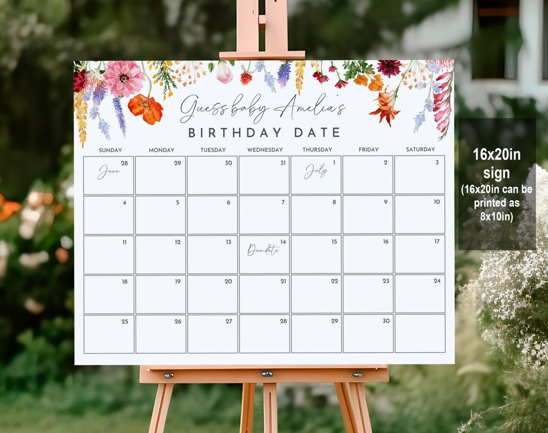Due Date Calendar Sign: Boho Wildflower Baby Shower Game - Editable ...