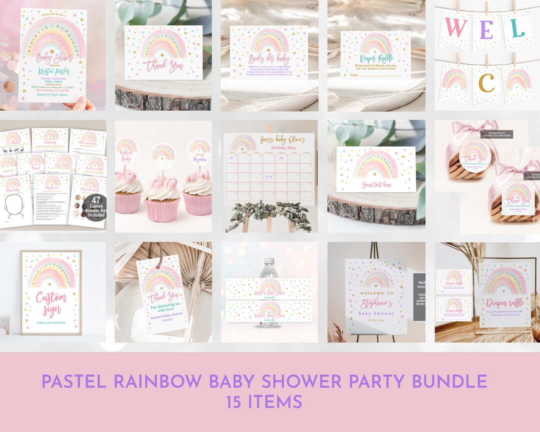 Editable Pastel Rainbow Baby Shower Invitation Bundle Girl Rainbow Gold ...