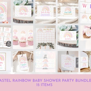 Editable Pastel Rainbow Baby Shower Invitation Bundle Girl Rainbow Gold ...