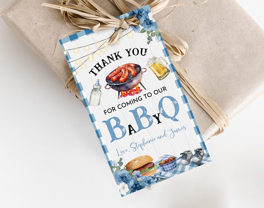 Baby Q Favor Tags, Blue Floral BBQ Shower (printable Editable Bab286 ...
