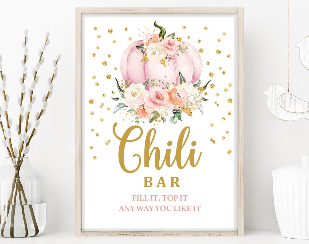 Pumpkin Chili Bar Sign Pink Gold Glitter Pumpkin Baby Shower, Birthday ...