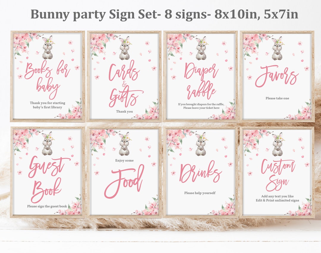 Editable Bunny Sign Set Floral Rabbit Baby Shower Table Sign Pack Pink ...