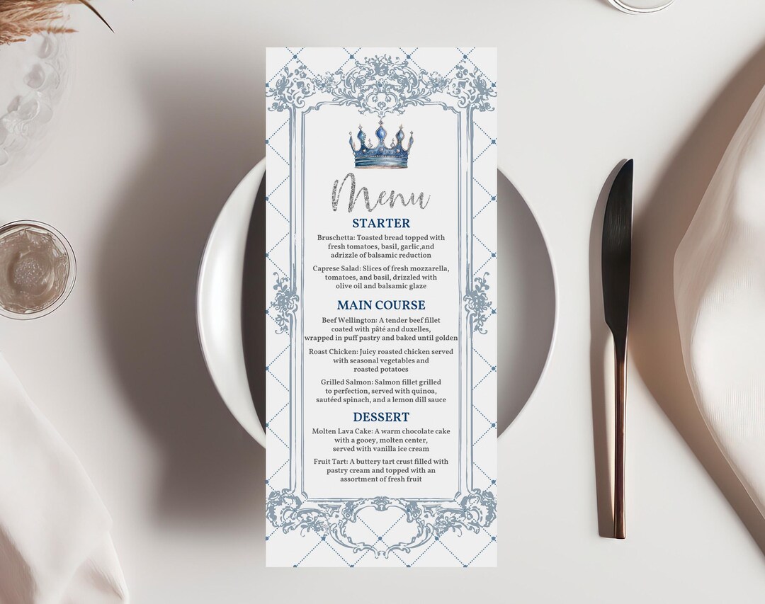 Prince Baby Shower Menu Royal Prince Menu Editable Crown Menu Template ...
