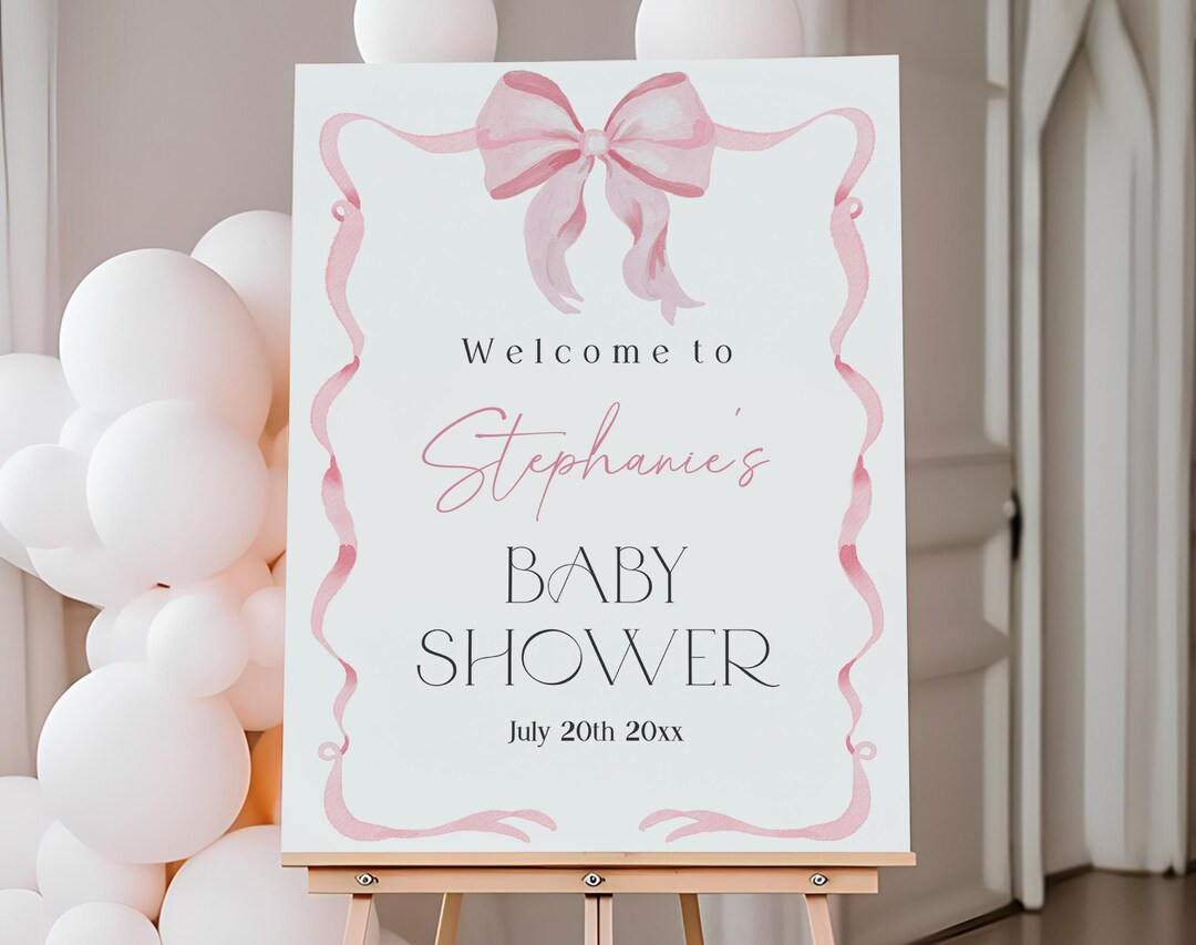 Pink Bow Baby Shower Welcome Sign Editable Pink Watercolor Ribbon Blush ...
