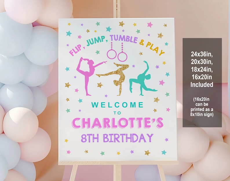 Gymnastics Birthday Welcome Sign: Editable Pink and Purple Banner ...