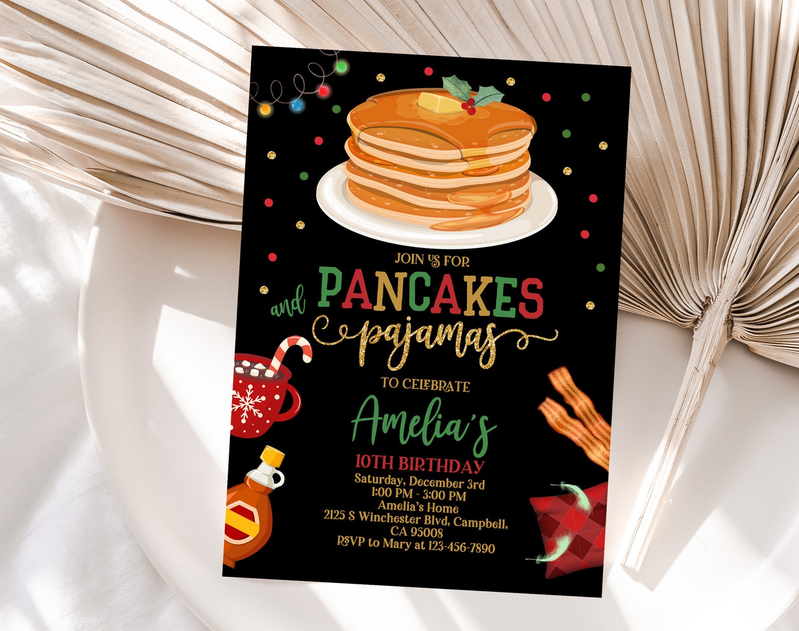 Holiday Pancake & Pajama Party Invitation - Editable Birthday Invite ...