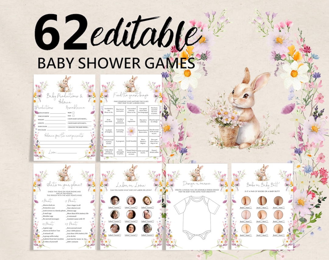 Bunny Baby Shower Game Pack Rabbit Wildflower Printable Game Set Spring ...