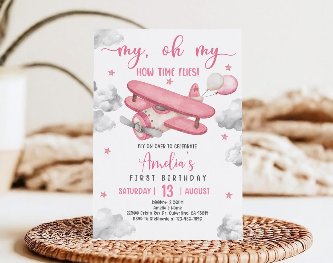 Pink Airplane Birthday Invitation Girl Editable Plane Birthday Invite ...