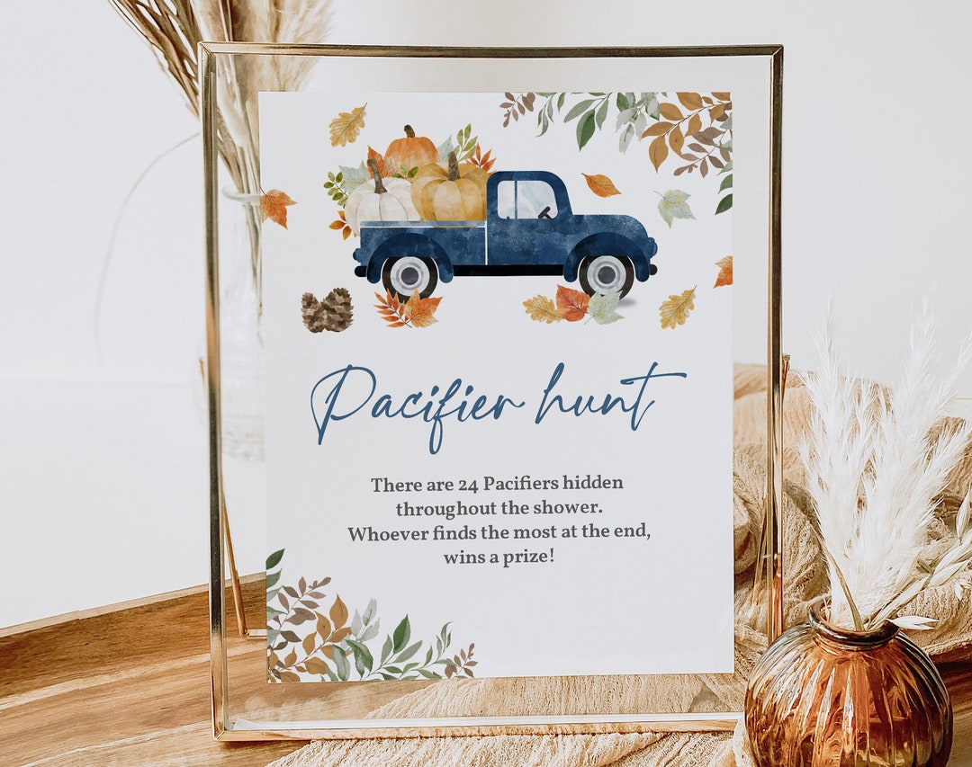 Editable Fall Pumpkin Blue Truck Baby Shower Game Pacifiers Hunt Fall ...
