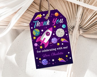 Editable Space Birthday Thank You Tags Favor Tags Pink Girl Astronaut ...
