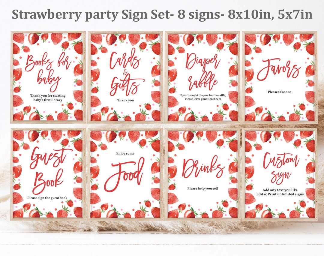 Strawberry Baby Shower Sign Set Strawberry Party Decor Table Sign Red ...