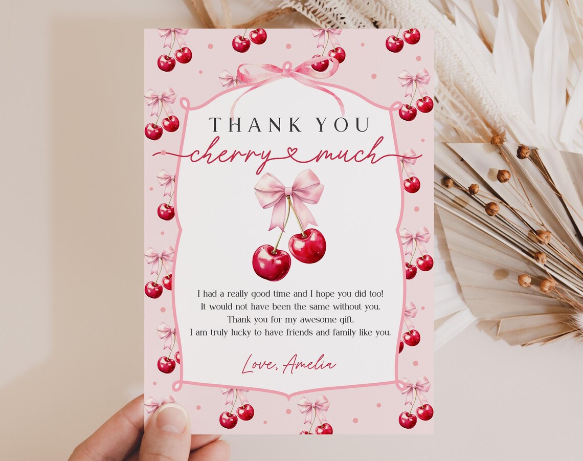 Thank You Card: Cherry Birthday Design - Editable, Printable Bir488 - Etsy