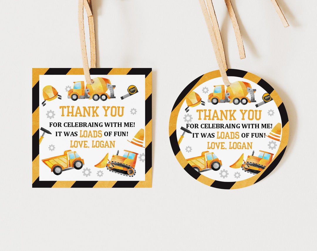 Construction Birthday Round Square Label Sticker Dumb Truck Party Tags ...