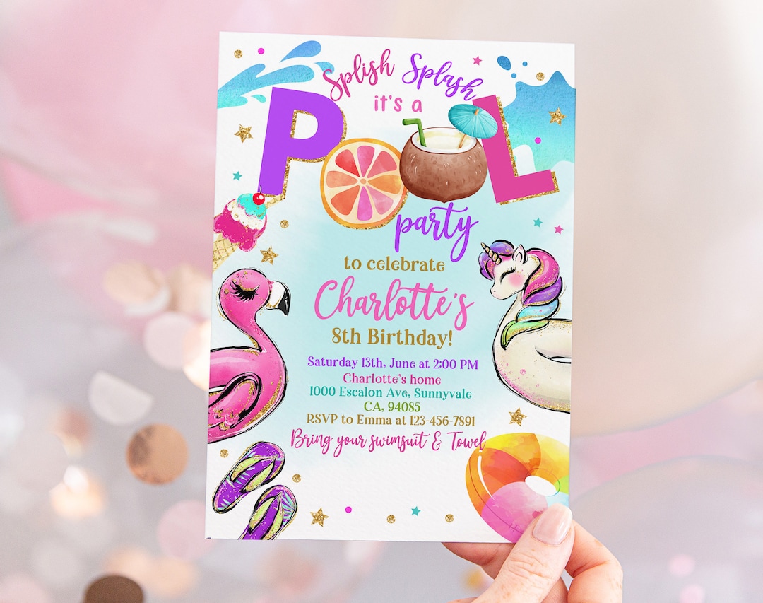Pool Party Invitation Girl Pool Party Unicorn Invitation Flamingo ...
