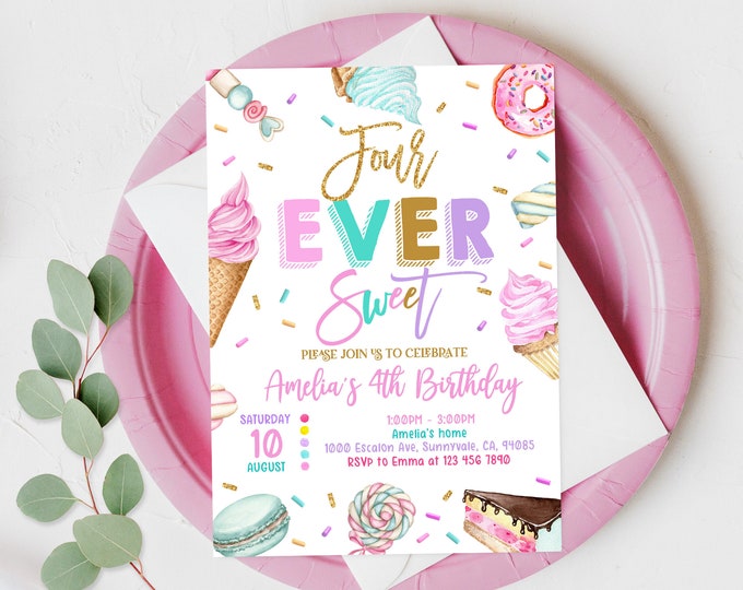 Four-ever Sweet Banner, 4th Birthday Party Banner, Happy 4th Birthday ...