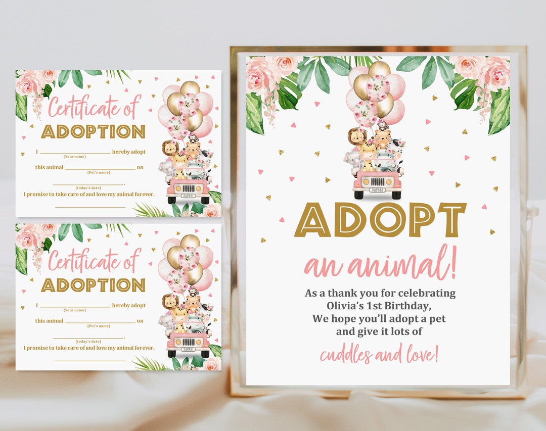 Adopt an Animal Sign Jungle Adoption Certificate Wild Birthday Safari ...