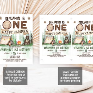 One Happy Camper Invitation Camping Birthday Invite Camper Party First Birthday 1st Camping Bear ...