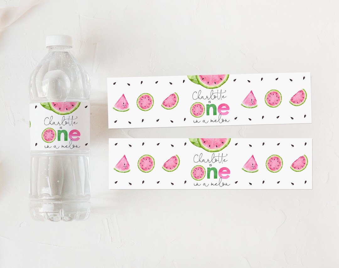 Editable One in a Melon Birthday Water Bottle Label Pink One in a Melon ...