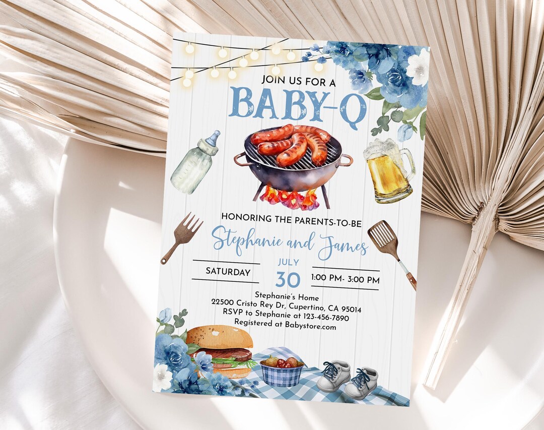 Baby-q Baby Shower Invite: Couples BBQ, Blue Floral (editable Bab286 ...