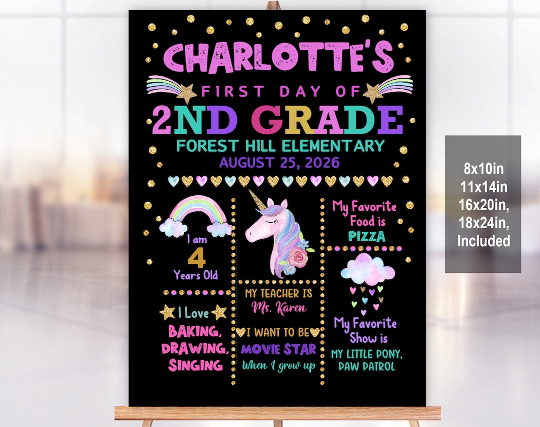 Unicorn Back to School Sign 2nd Grade Chalkboard Unicorn Printable ...