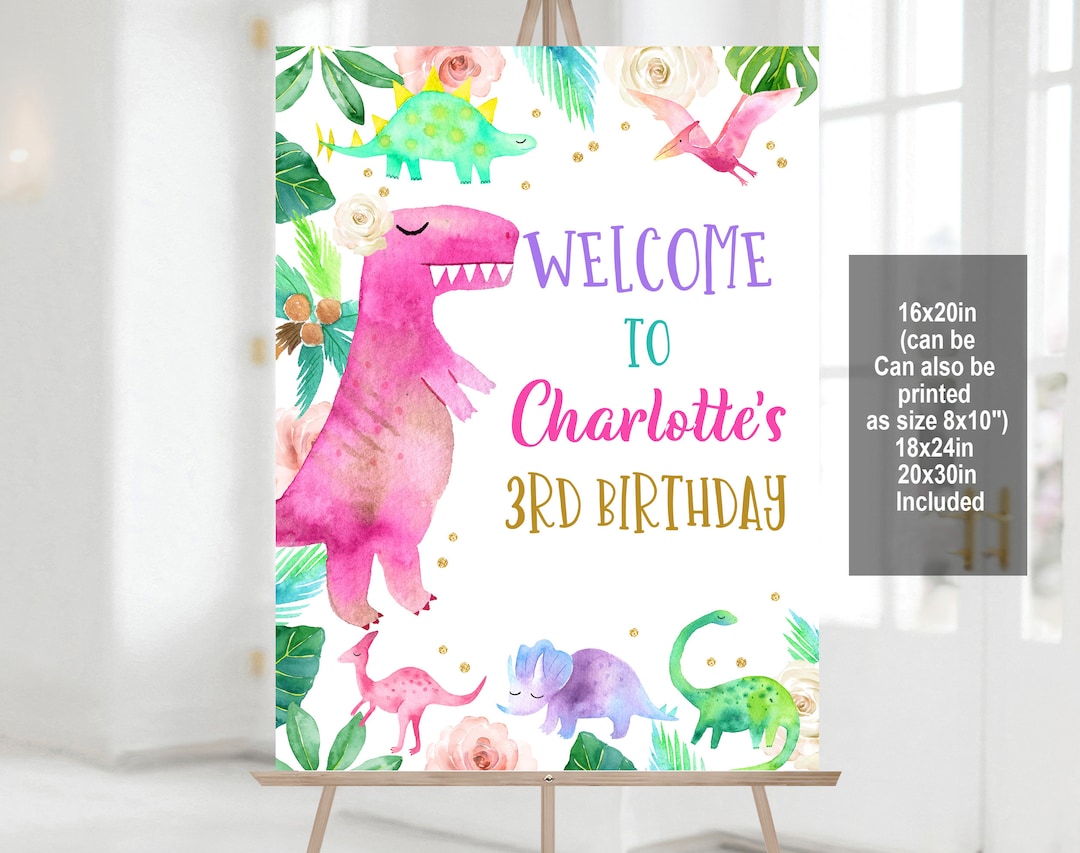 Dinosaur Welcome Sign Girl Dino Party Birthday Sign Template Tropical ...