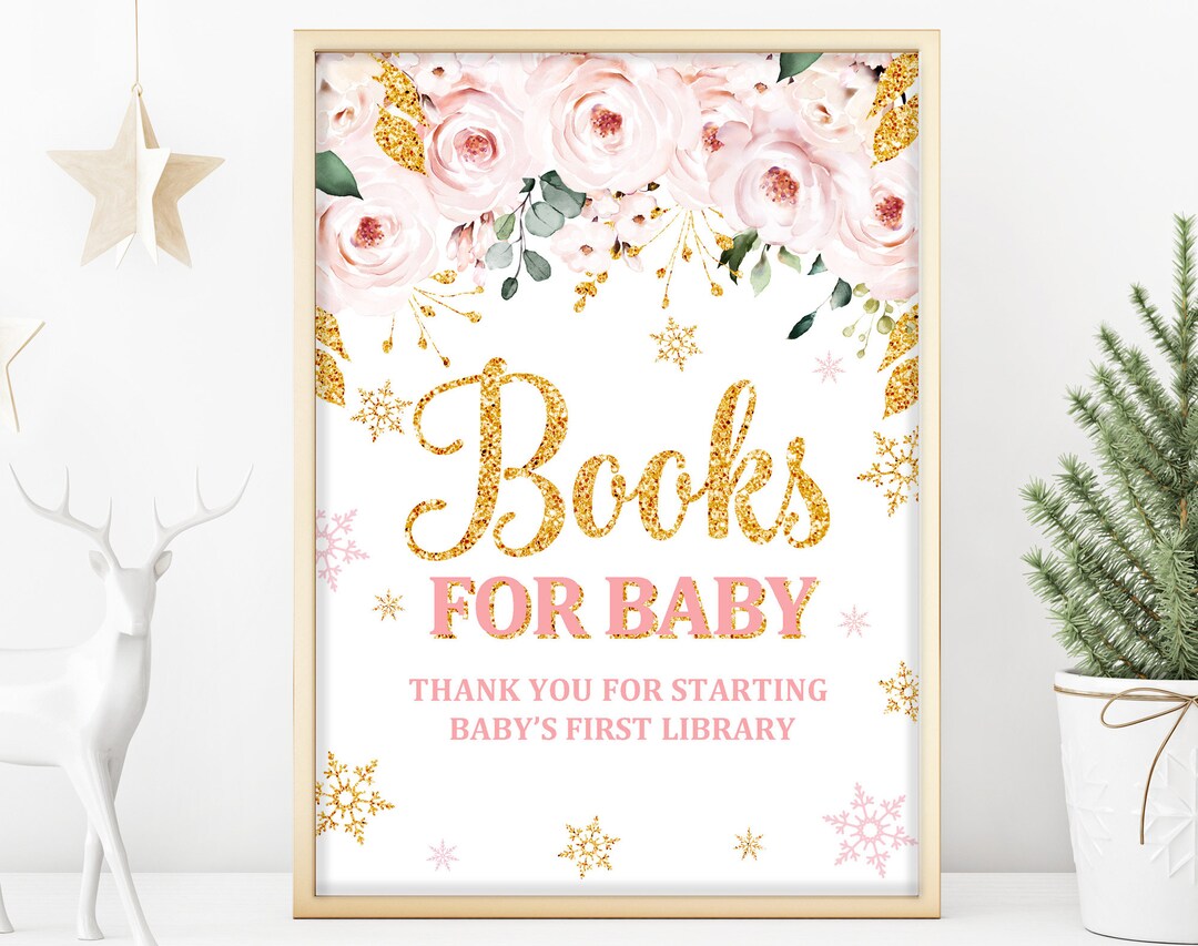 Winter Books for Baby Sign Pink Floral Gold Snowflake Sign 5x7in ...