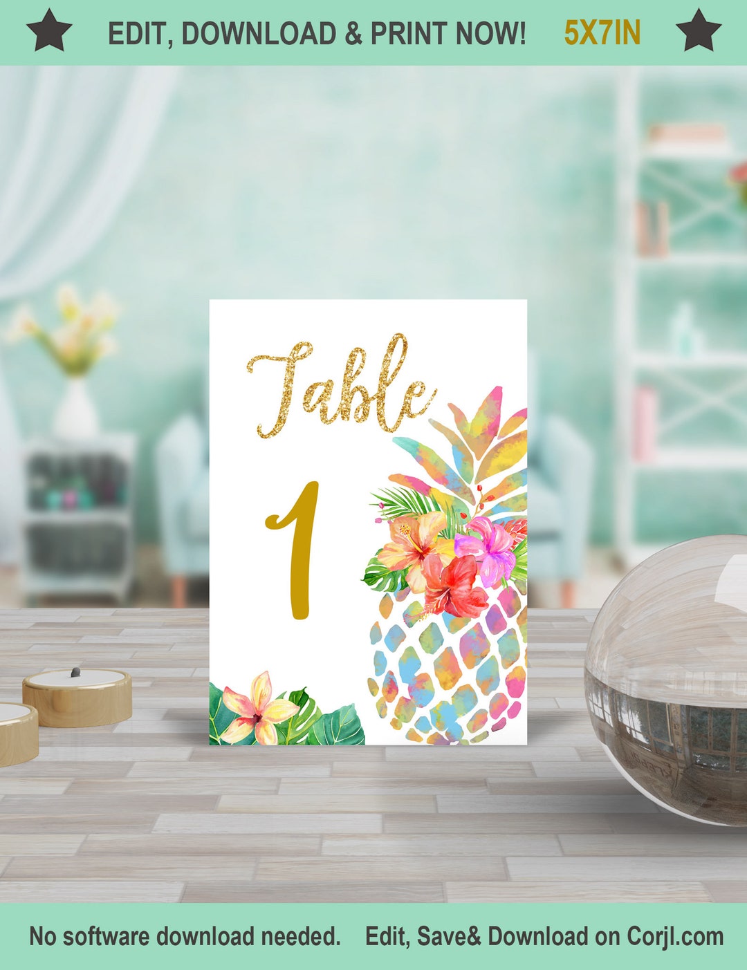 Pineapple Table Number 5x7in, 4x6in Download Tropical Birthday Baby ...