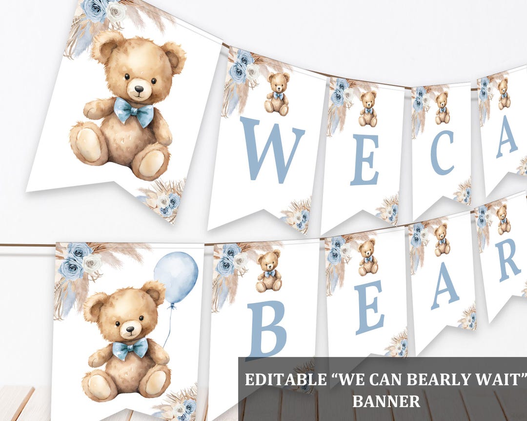 Blue Teddy Bear Baby Shower Banner - Boho Printable Bunting Bab277 - Etsy