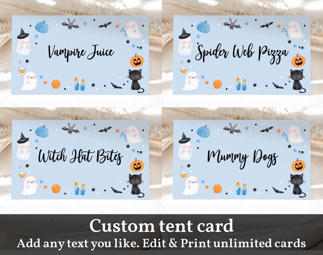 Editable Blue Halloween Ghost Food Labels Boy Ghost Folded Favor Buffet ...