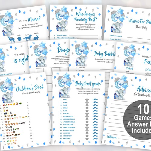 Blue Elephant Baby Shower Game Package 8 Printable Elephant - Etsy
