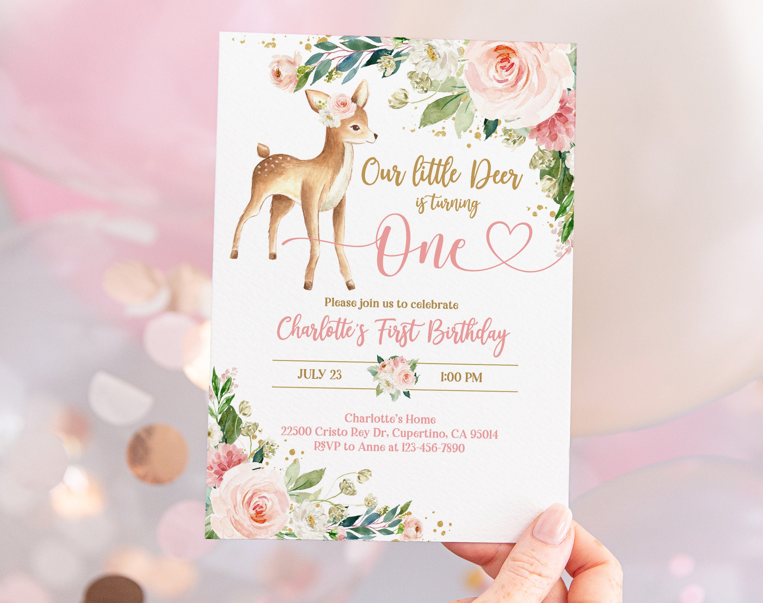 Deer Birthday Invitation Pink Floral Forest Animal Invite - Etsy
