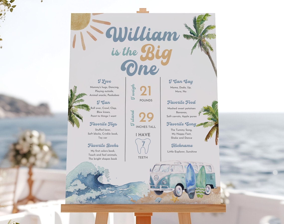 Surfing 1st Birthday Milestone Poster - Beach Party Stats Editable ...