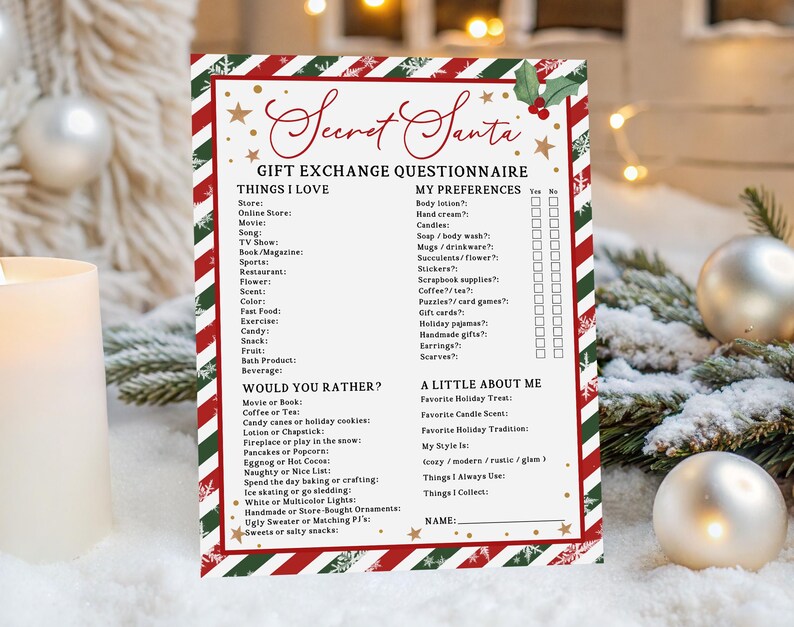 Secret Santa Survey: Printable Holiday Gift Exchange - Editable ...